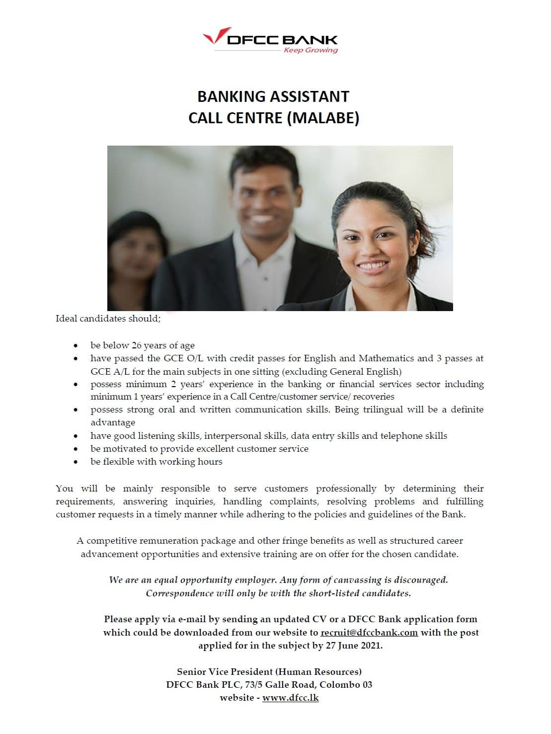DFCC BANK VACANCY- BANKING ASSISTANT - Ceylon Vacancy