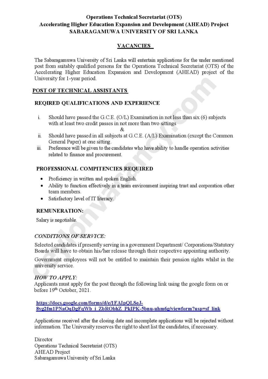 Technical Assistant -(AHEAD) Project SABARAGAMUWA UNIVERSITY OF SRI ...