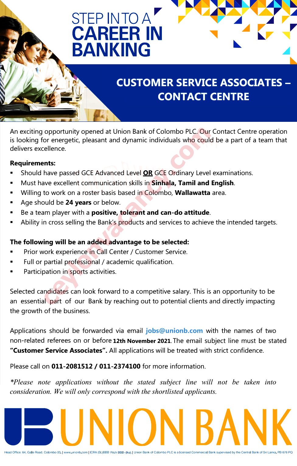 UNION BANK-CUSTOMER SERVICE ASSOCIATE - Ceylon Vacancy