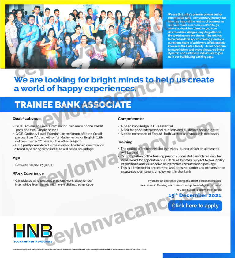 HNB TRAINEE BANKING ASSOCIATE - Ceylon Vacancy