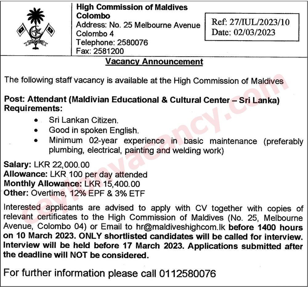 High Commission of Maldives vacancy 2023 - Ceylon Vacancy