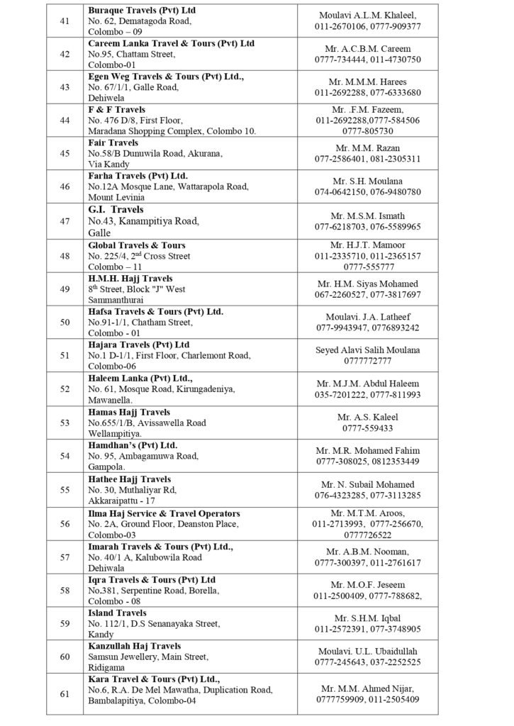 LIST OF Hajj Travel Operators 2023 - Ceylon Vacancy