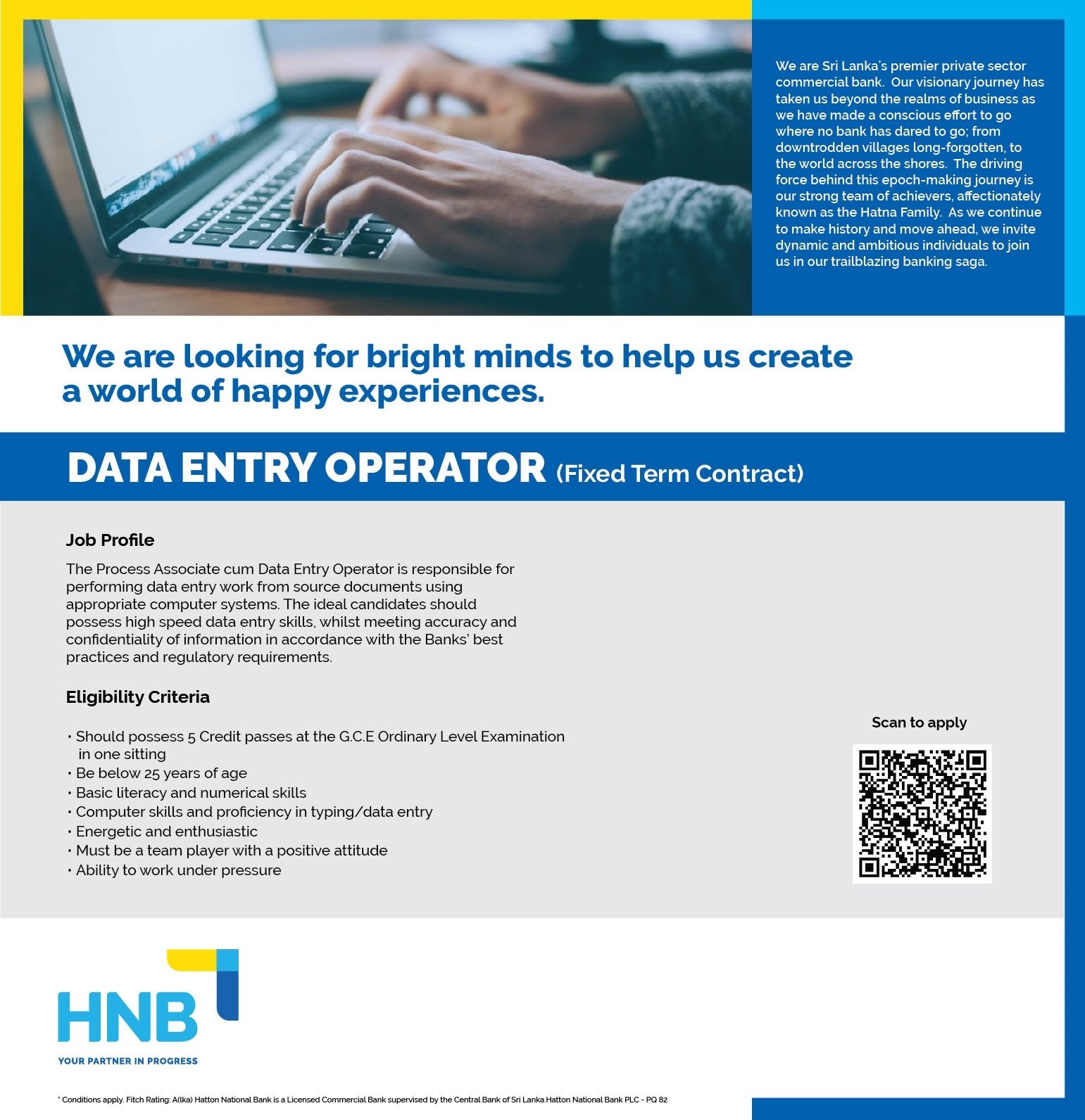 DATA ENTRY OPERATOR- HNB BANK 2023 - Ceylon Vacancy