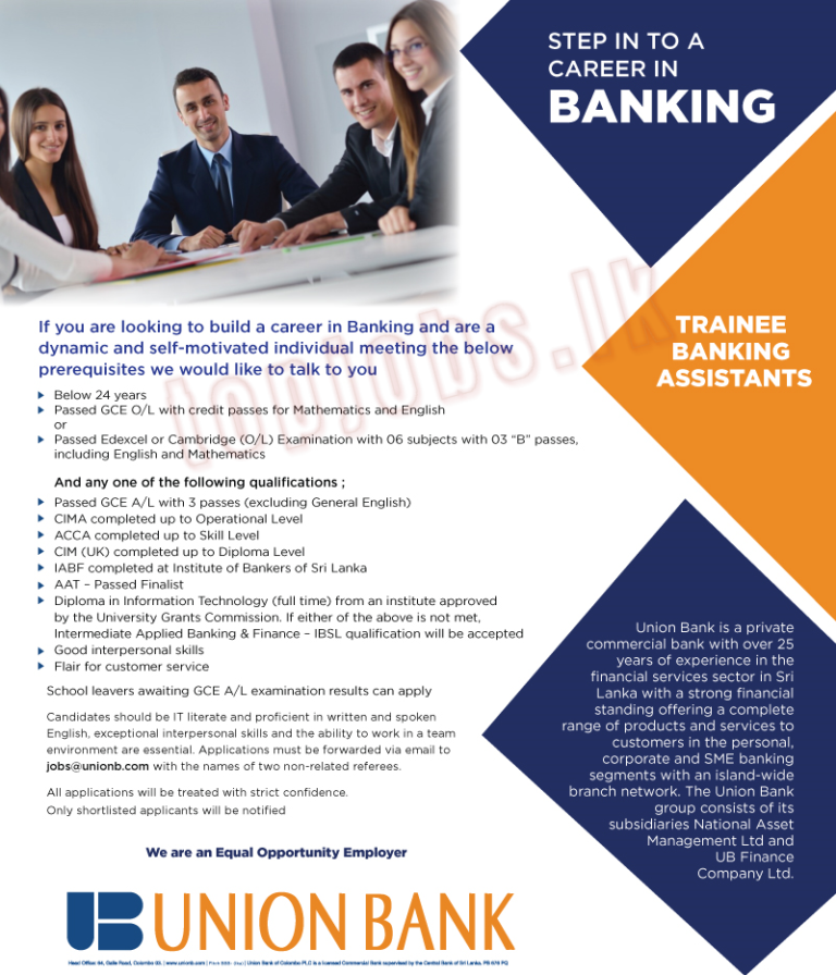 Union bank -TRAINEE BANKING ASSISTANT 2023 vacancy - Ceylon Vacancy