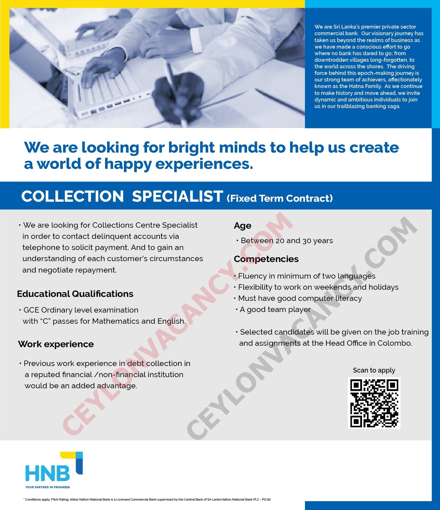 COLLECTION SPECIALIST- HNB BANK 2023 - Ceylon Vacancy