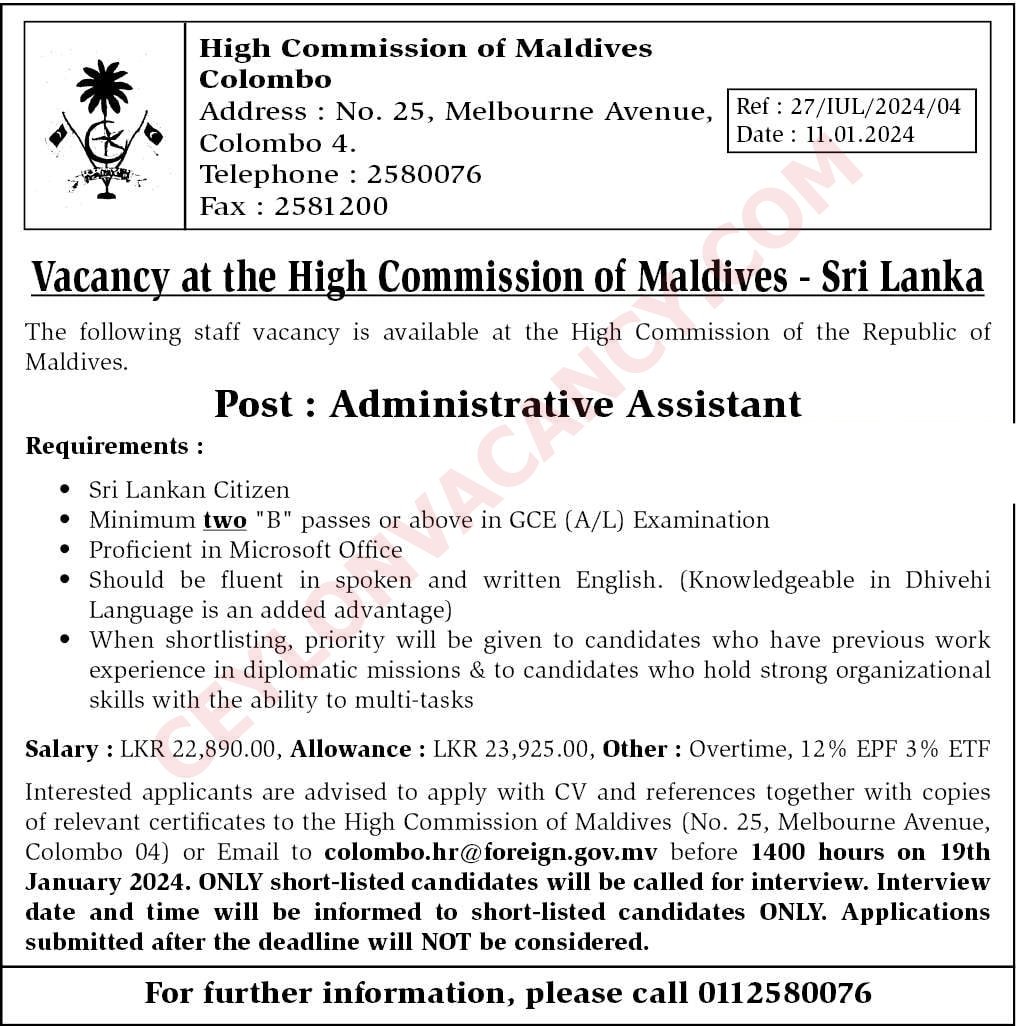High Commission of Maldives vacancy 2024-ADMIN ASSISTANT - Ceylon Vacancy