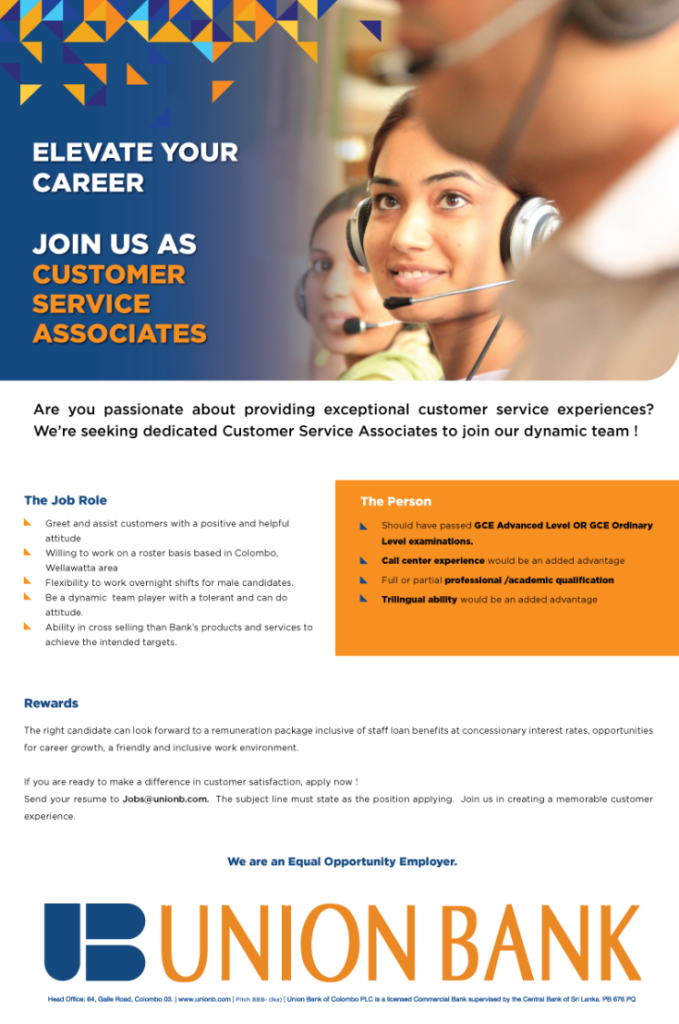 Union bank -Customer Service Associate 2024 vacancy - Ceylon Vacancy
