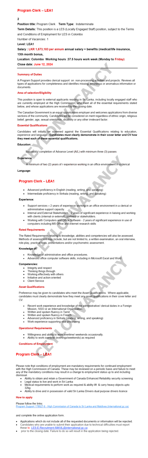 PROGRAM CLERK- High Commission of canada VACANCY 2024 - Ceylon Vacancy