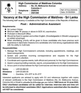 High Commission of Maldives vacancy 2024-ADMINISTRATIVE ASSISTANT ...