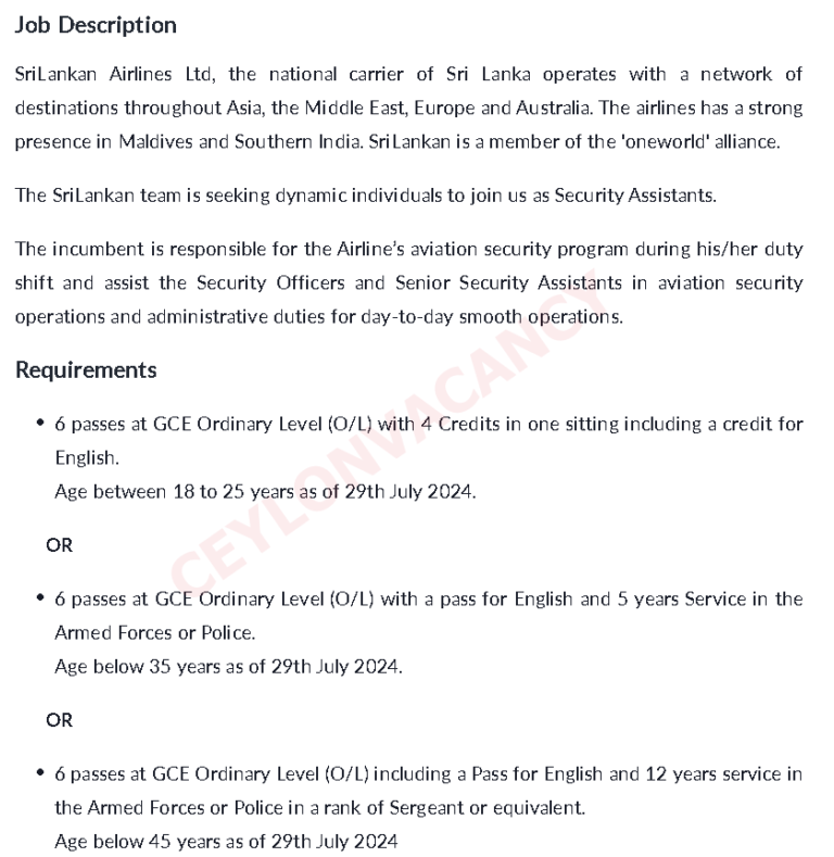 Security Assistant vacancy-airlines 2024 - Ceylon Vacancy
