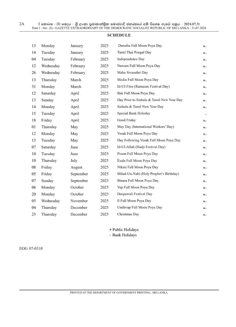 Public Bank Holidays 2025 Gazette Ceylon Vacancy