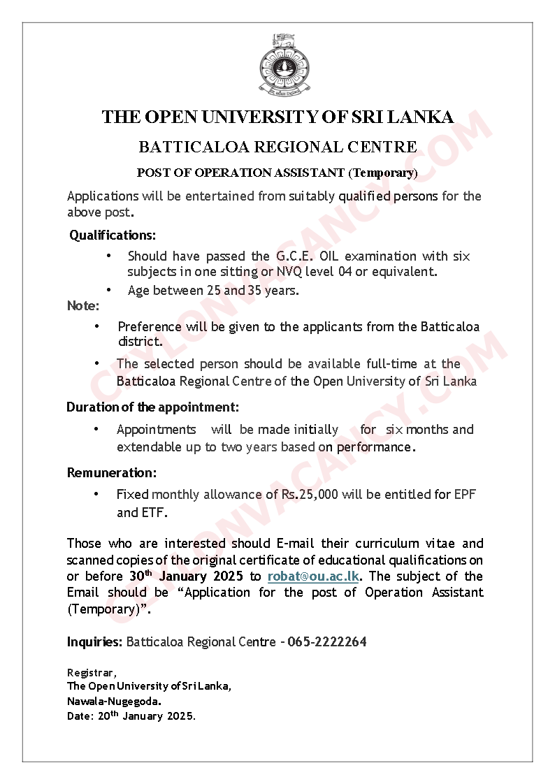 OPERATION ASSISTANT,TECHNICAL ASSISTANT-OPEN UNIVERSITY VACANCIES 2025 ...