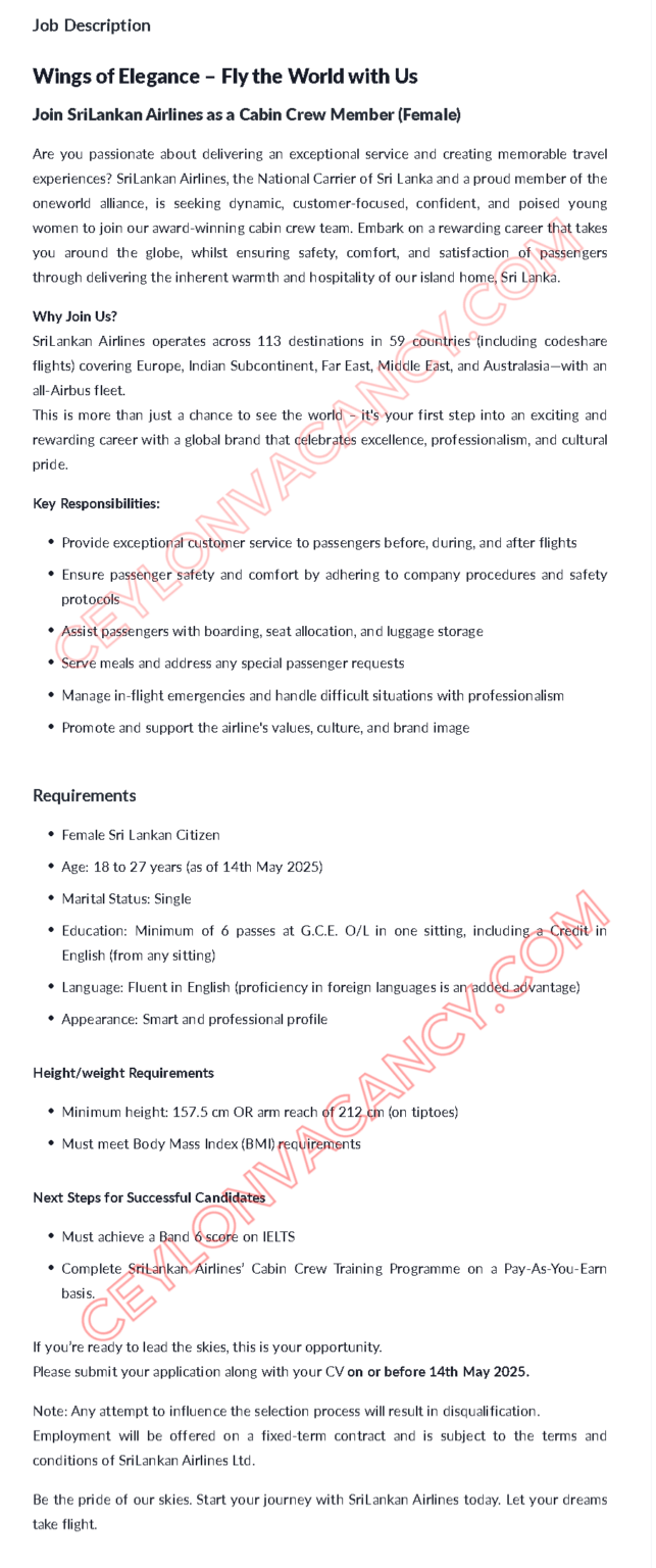 cabin crew vacancy-Srilanka airlines 2025 - Ceylon Vacancy