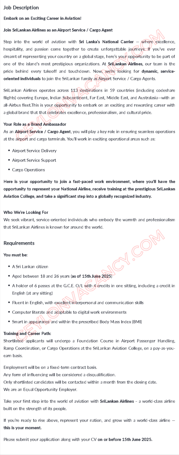 Airport Service / Cargo Agent vacancy-Srilanka airlines 2025 - Ceylon ...