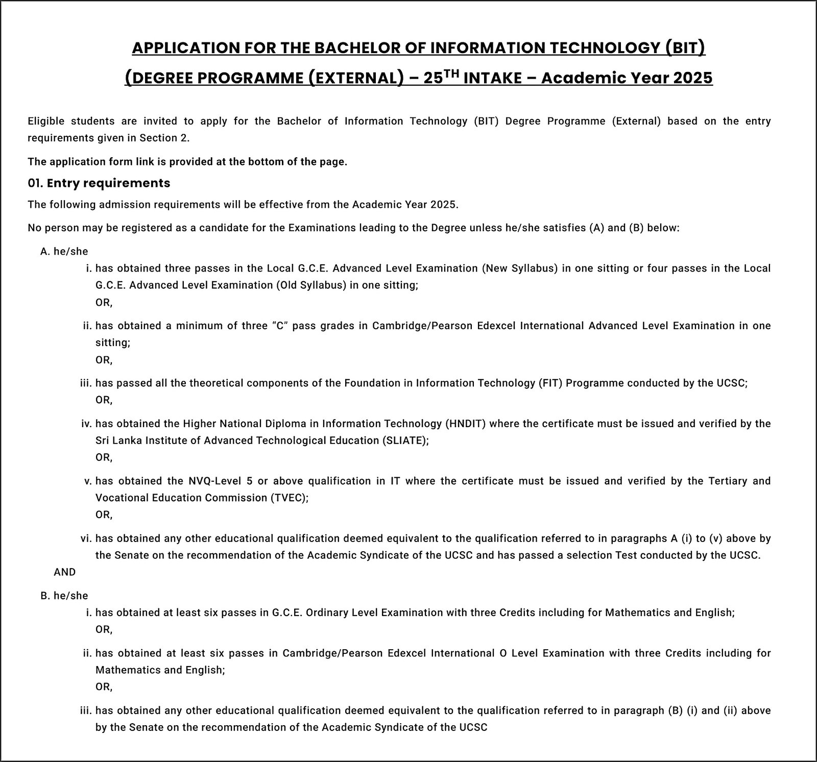 Bachelor of Information Technology (BIT) -University of colombo 2025 ...