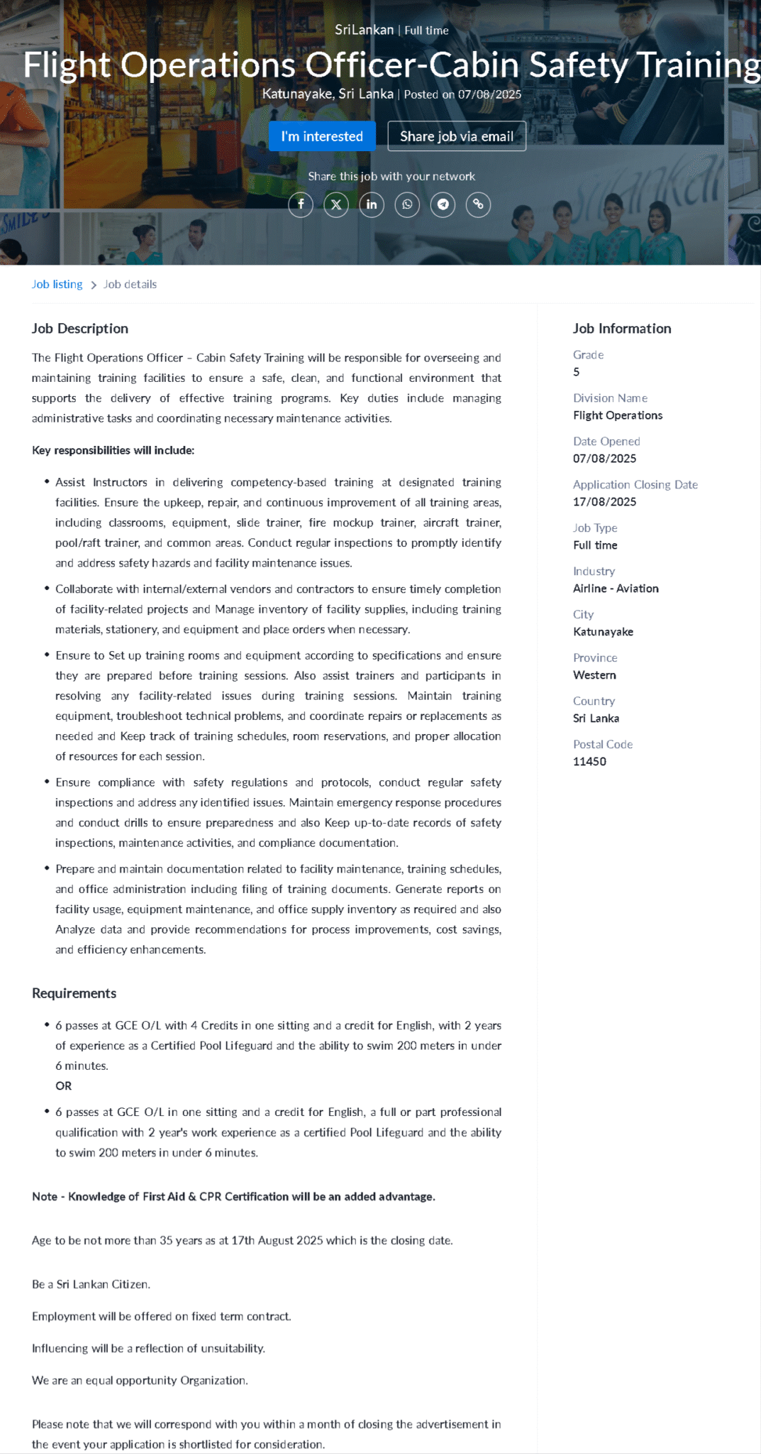 Flight Operations Officer-Srilanka airlines 2025 - Ceylon Vacancy