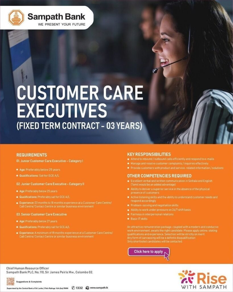 Sampath Bank-CUSTOMER CARE EXECUTIVES vacancies 2025 - Ceylon Vacancy