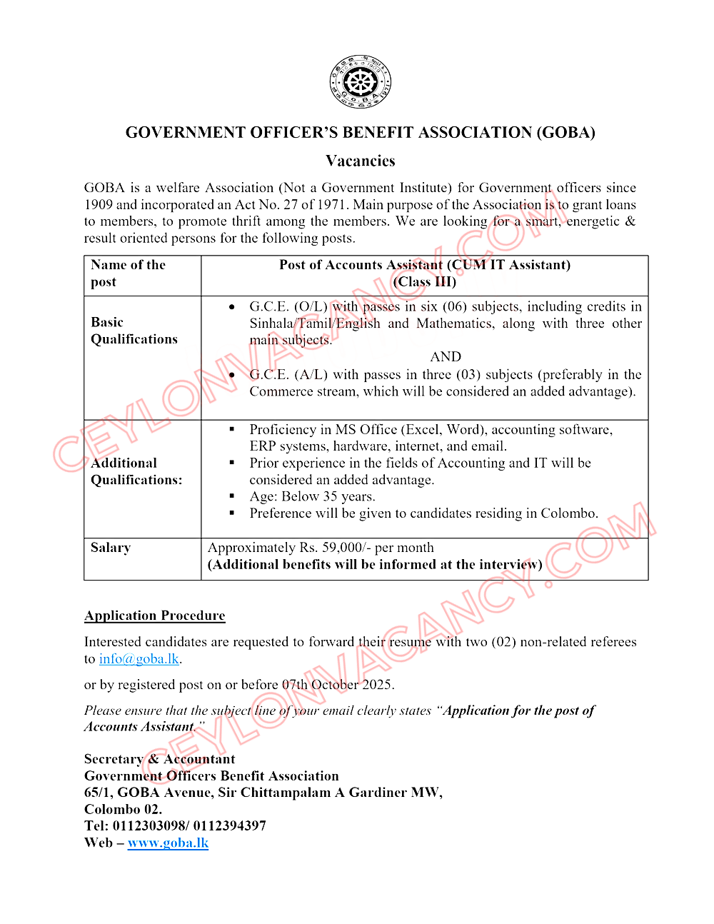 Account Assistant- GOVERNMENT OFFICER'S BENEFIT ASSOCIATION (GOBA ...