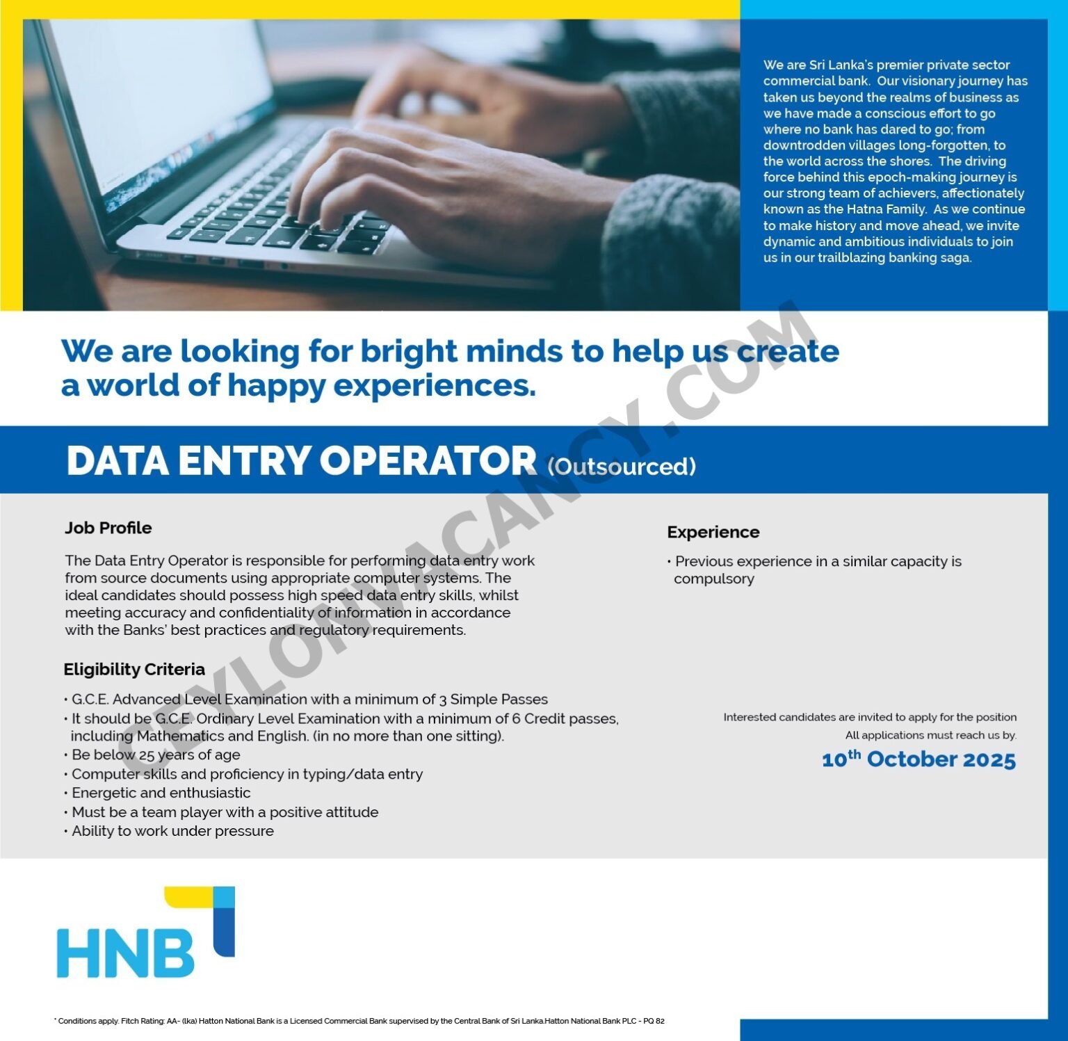 DATA ENTRY OPERATOR- HNB BANK VACANCY 2025-october - Ceylon Vacancy