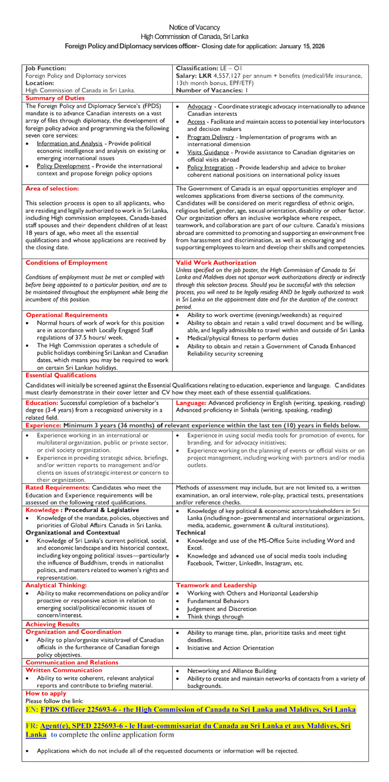 Canada High Commission Job Vacancy 2026 | FPDS Officer – Sri Lanka ...