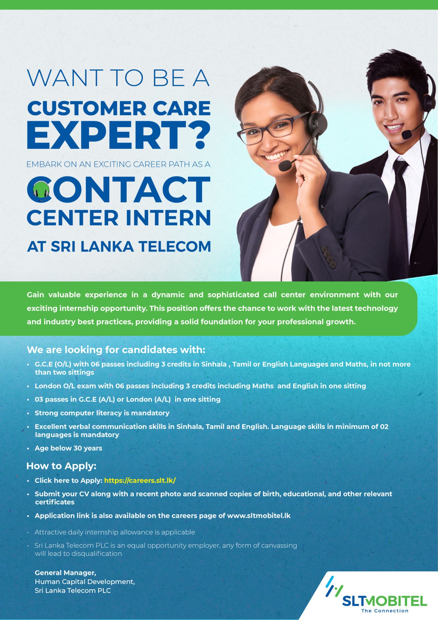 Contact center intern SLT VACANCY 2026- SRI LANKA TELECOM - Ceylon Vacancy
