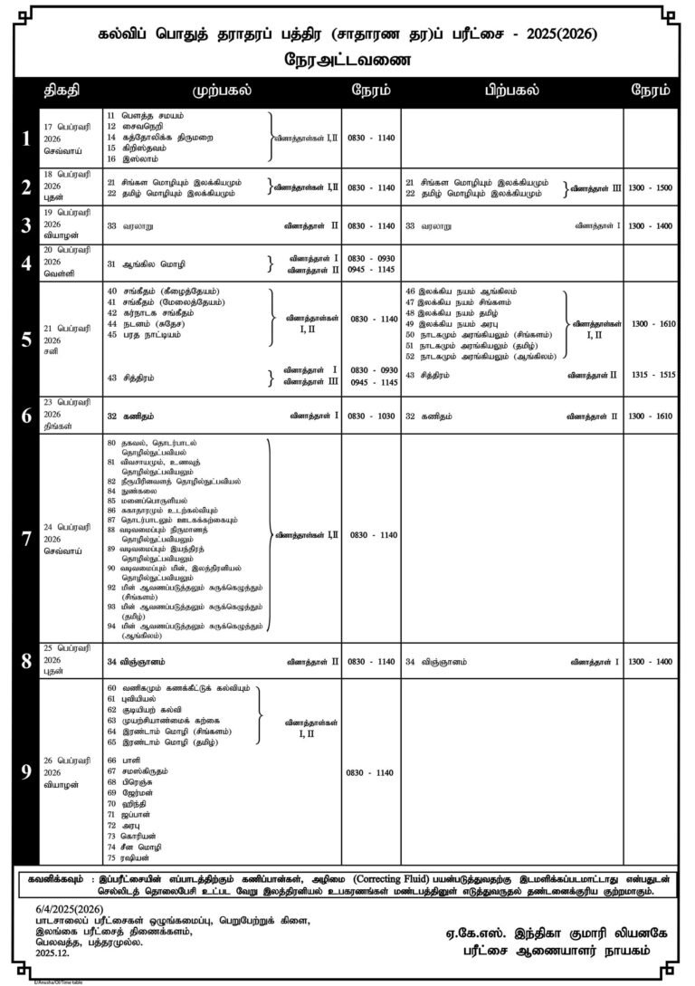 GCE OL EXAM TIMETABLE 2025(2026) DOWNLOAD - Ceylon Vacancy